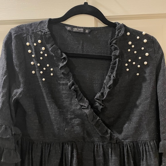 Zara | Dresses | Zara V Neck Pearl Embellished Ruffle Sleeve Babydoll ...
